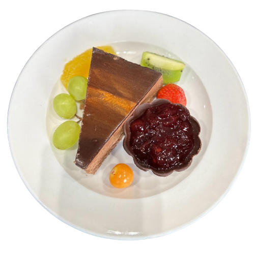 Chocolate and Orange Delice with a Chocolate Shell Filled with Berry C